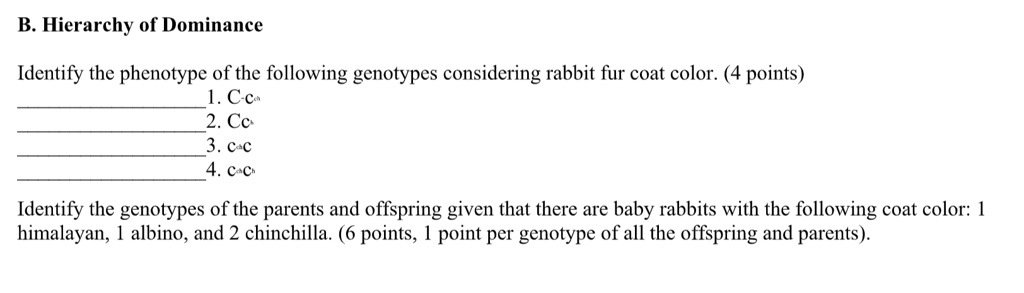 SOLVED: B. Hierarchy of Dominance Identify the phenotype of the ...