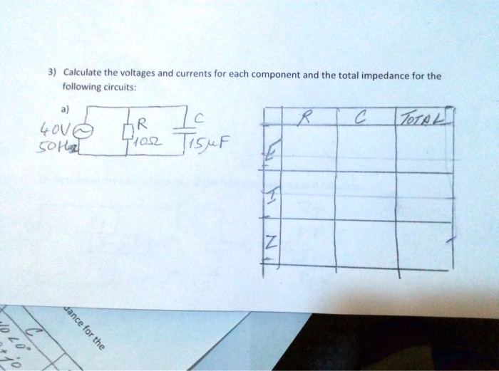 SOLVED: 3) Calculate the voltages and currents for each component and the total impedance for ...