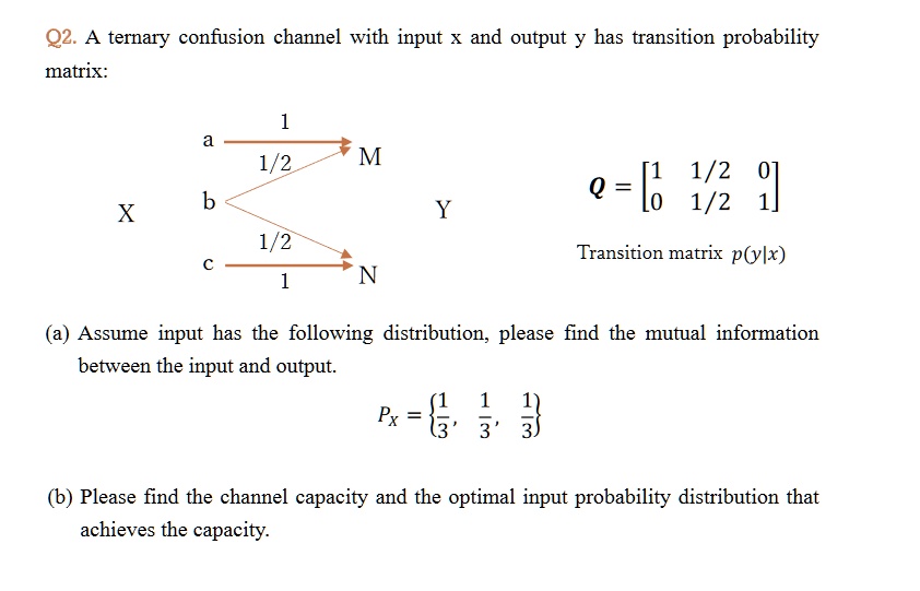 Q2. A ternary confusion channel with input x and output y has transition probability matrix: X Y ...