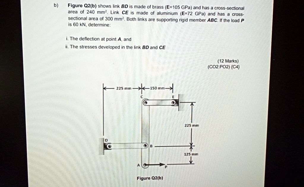 SOLVED: b) Figure Q2(b) shows that link BD is made of brass (E=105 GPa ...