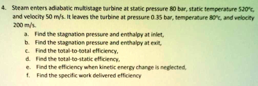 SOLVED: a. Steam enters an adiabatic multistage turbine at a static ...