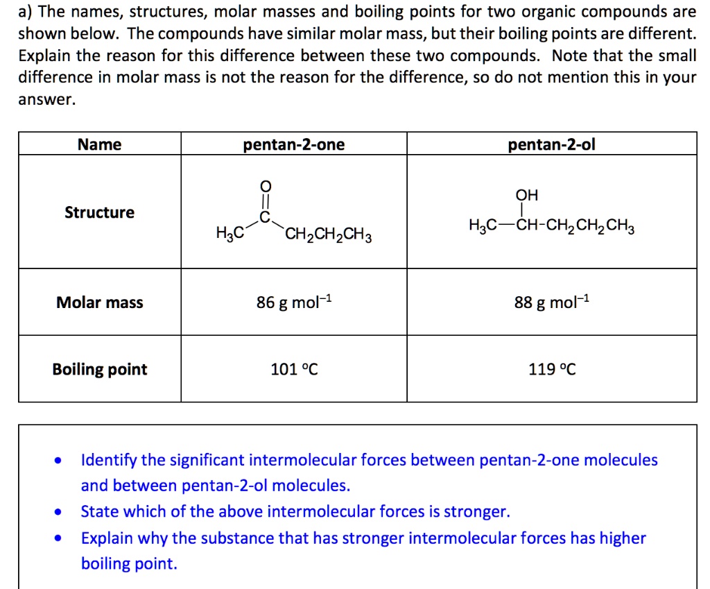 SOLVED: The names, structures, molar masses, and boiling points for two organic compounds are ...