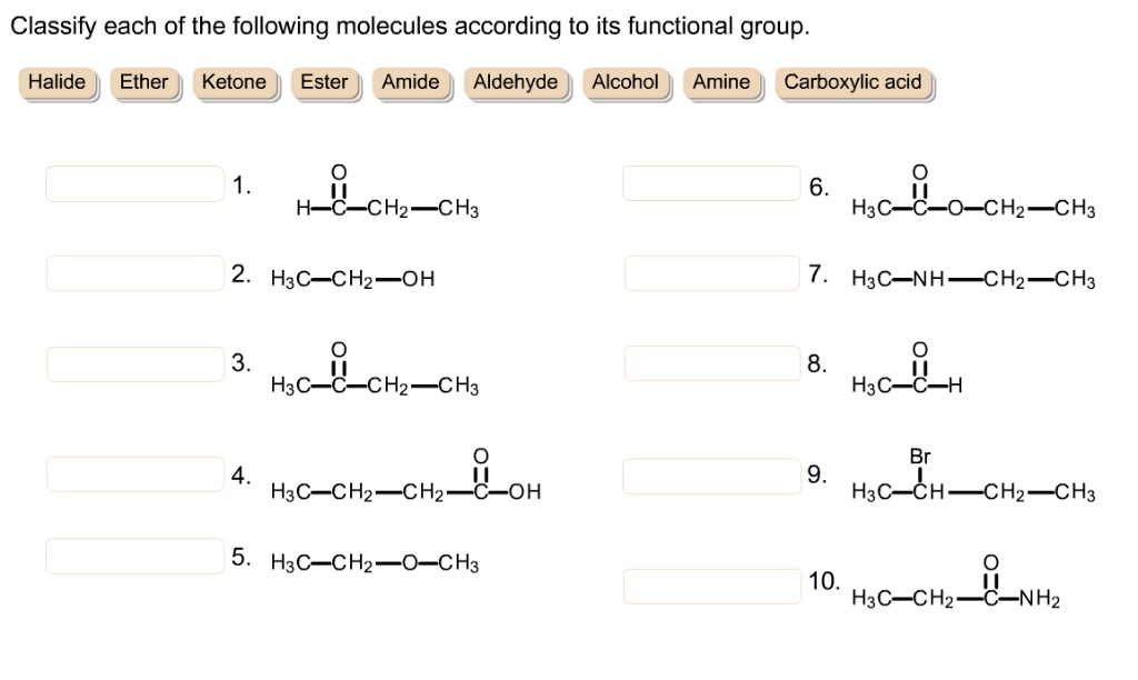 SOLVED: Classify each of the following molecules according to its functional group. Halide Ether ...