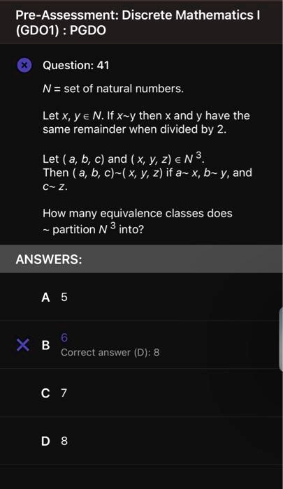 SOLVED: Pre-Assessment: Discrete Mathematics (GDO1PGDO) Question: 41 N ...