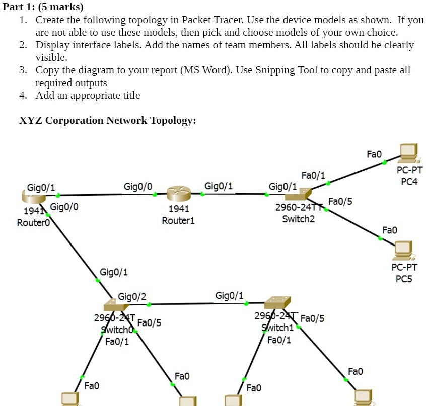 SOLVED: Part I: (5 marks) Create the following topology in Packet Tracer: Use the device models ...