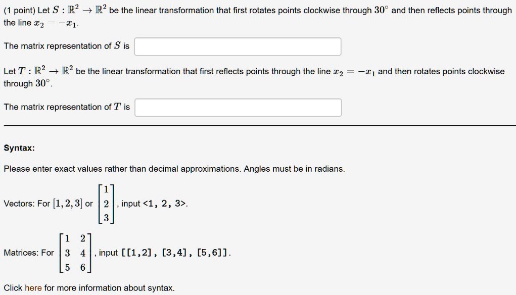 SOLVED: point) Let S R2 7 R? be the linear transformation that first ...