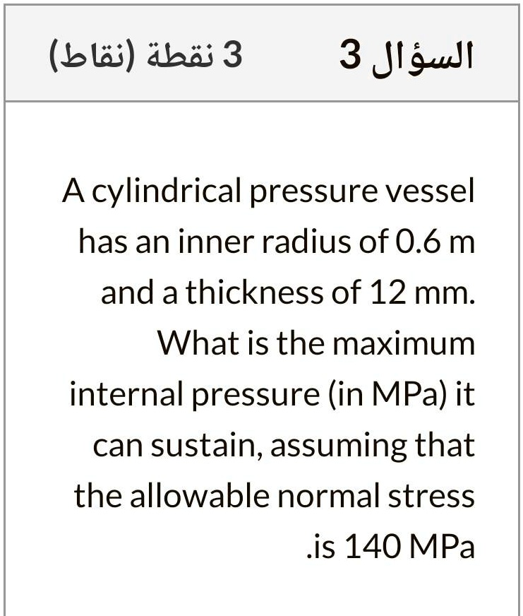 SOLVED: A cylindrical pressure vessel has an inner radius of 0.6 m and ...