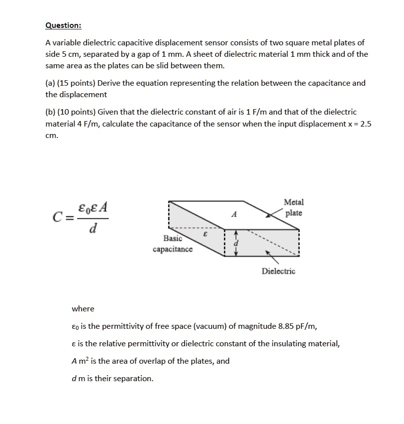 Question: A variable dielectric capacitive displacement sensor consists of two square metal ...