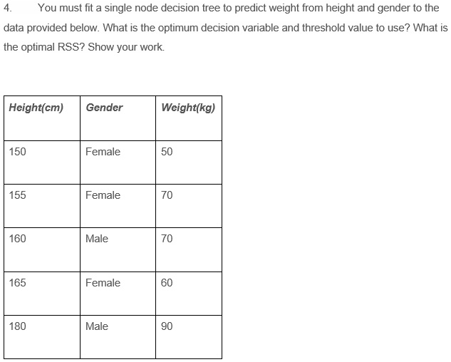 SOLVED: You must fit a single-node decision tree to predict weight from ...
