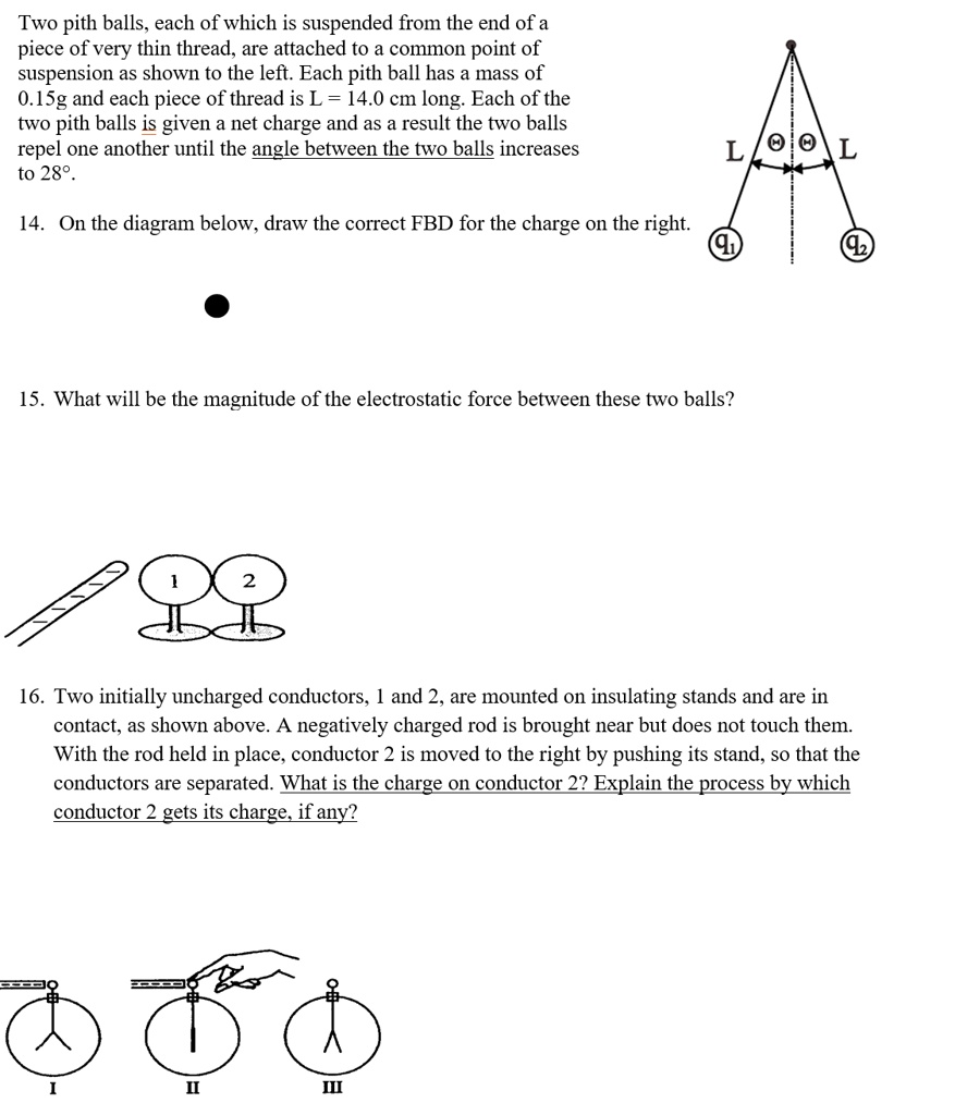 SOLVED: Two pith balls, each of which is suspended from the end of a ...