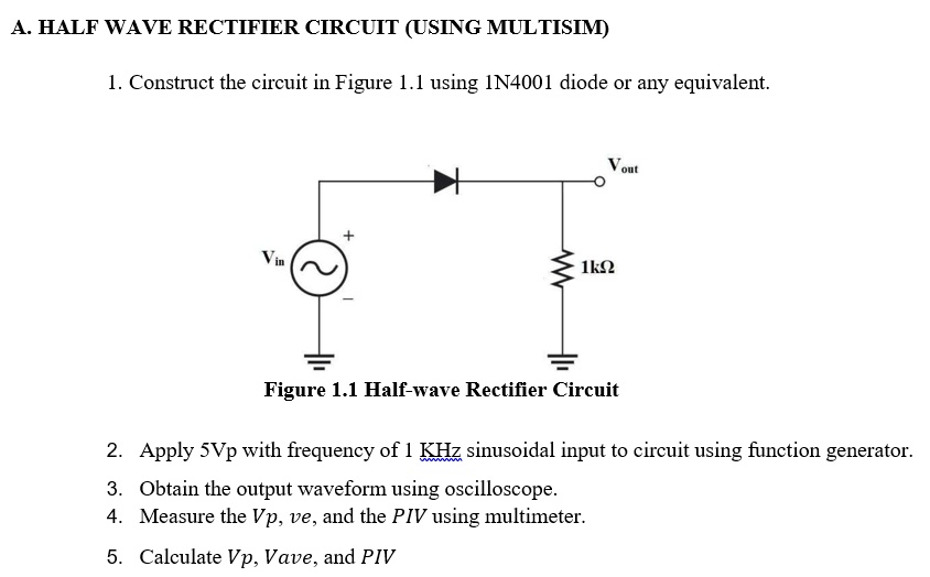 SOLVED: A. HALF WAVE RECTIFIER CIRCUIT (USING MULTISIM) 1. Construct the circuit in Figure 1.1 ...