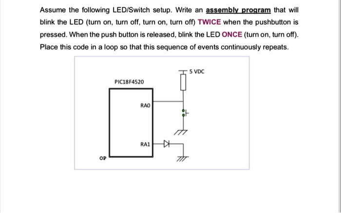 SOLVED: Assume the following LED/Switch setup. Write an assembly program that will blink the LED ...