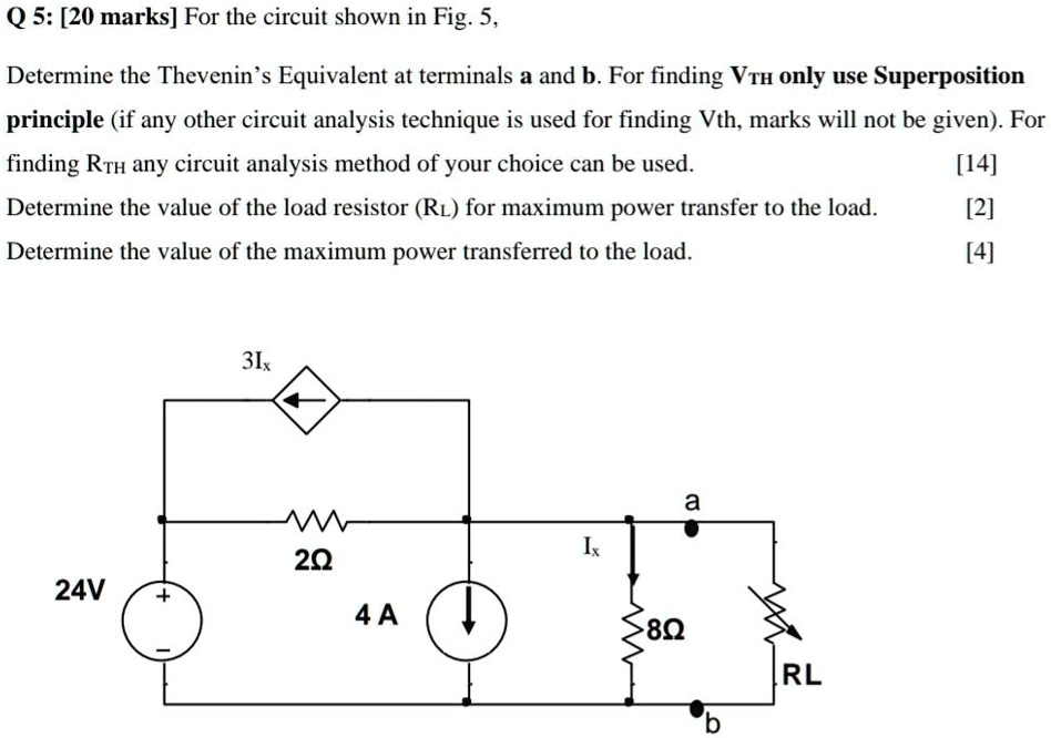 SOLVED: Q5: [20 marks] For the circuit shown in Fig: 5, Determine the Thevenin's Equivalent at ...