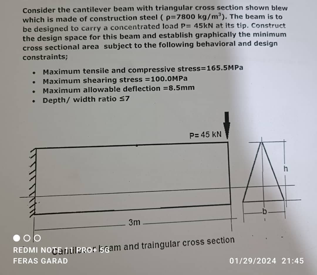 SOLVED: Consider the cantilever beam with triangular cross section ...