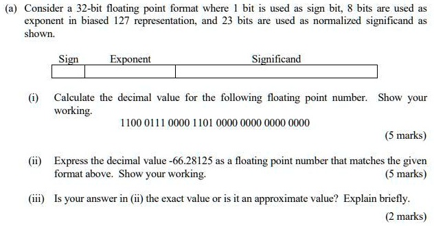 (a) Consider a 32-bit floating point format where 1 bit is used as sign bit, 8 bits are used as ...