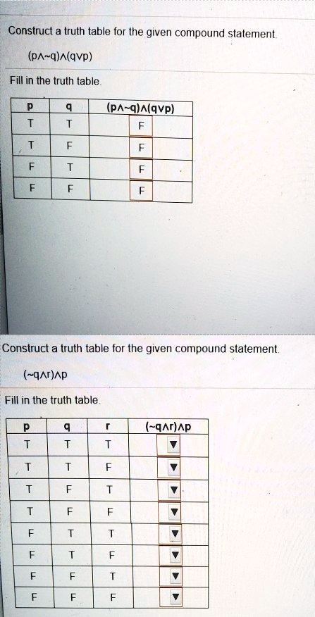 SOLVED: Construct a truth table for the given compound statement (P âˆ§ Â¬Q) âˆ§ (Q âˆ¨ P) Fill ...