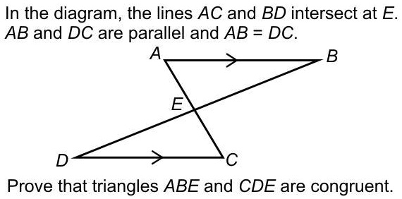 In the diagram, the lines AC and BD intersect at E. AB and DC are parallel and AB = DC. A B D E ...