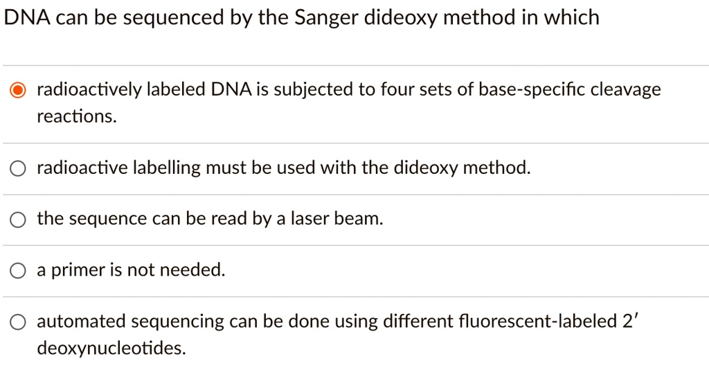 DNA can be sequenced by the Sanger dideoxy method in which ...