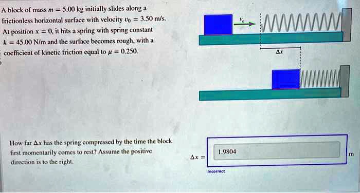 a block of mass m500 kg initially slides along a frictionless horizontal surface with velocity ...