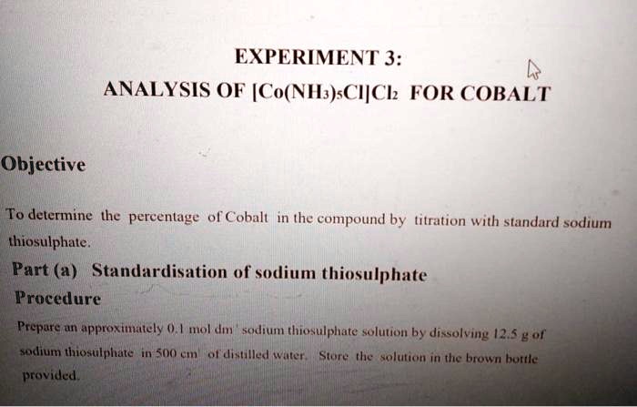 EXPERIMENT 3: ANALYSIS OF [Co(NH3)5CI]Cl2 FOR COBALT Objective To ...