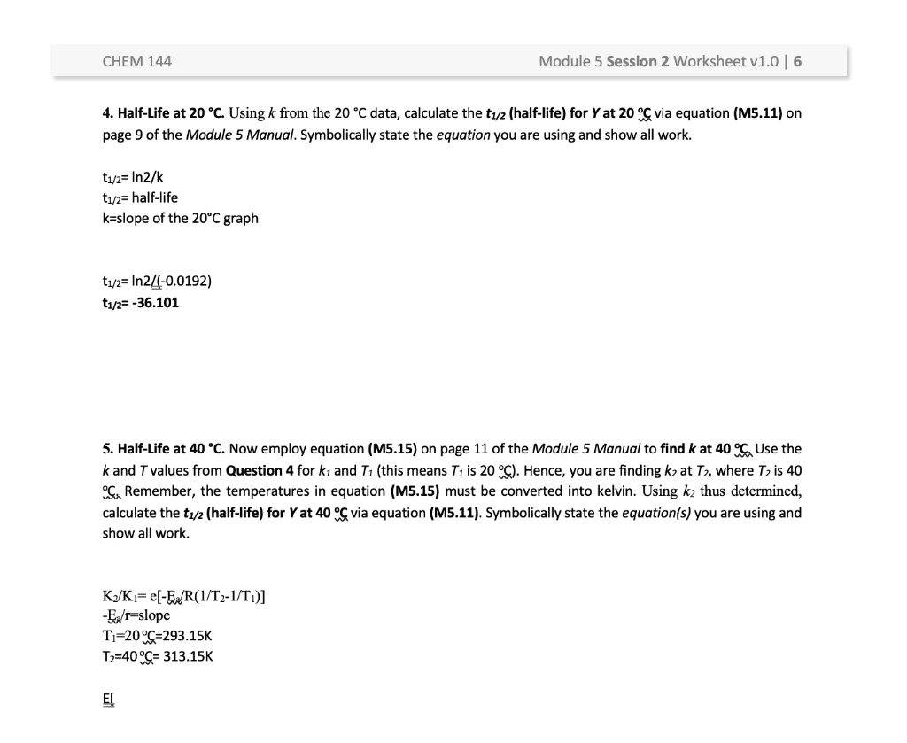 chem 144 module 5 session 2 worksheet v10 4 half life at 20 c using k ...