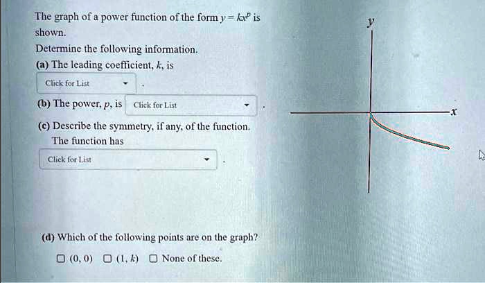 The graph of a power function of the form y = kx^p is shown. Determine the following information ...