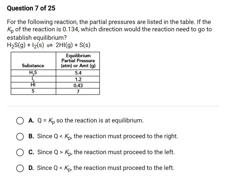 Question 7 of 25 For the following reaction, the partial pressures are ...