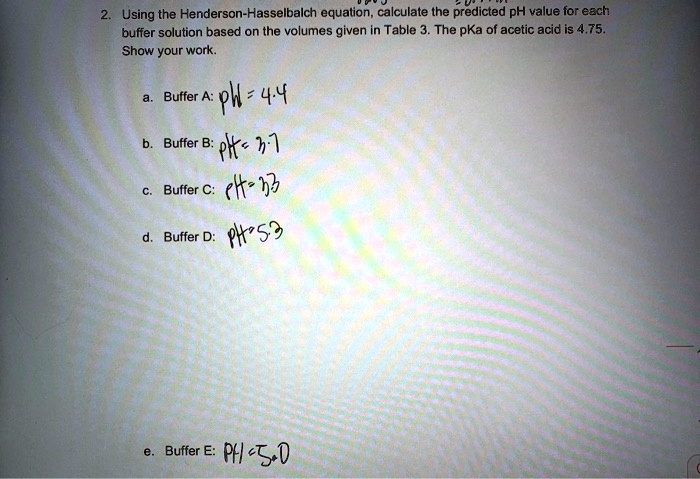 SOLVED: Using the Henderson-Hasselbalch equation, calculate the predicted pH value for each ...