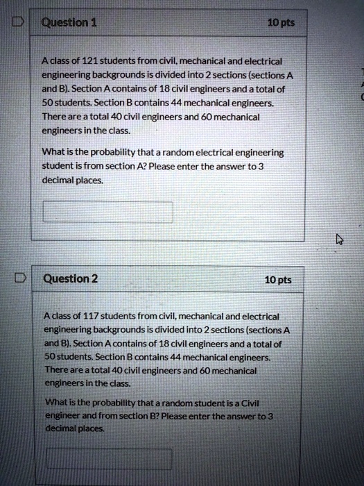 SOLVED: Question 1 10 pts A class of 121 students from civil ...