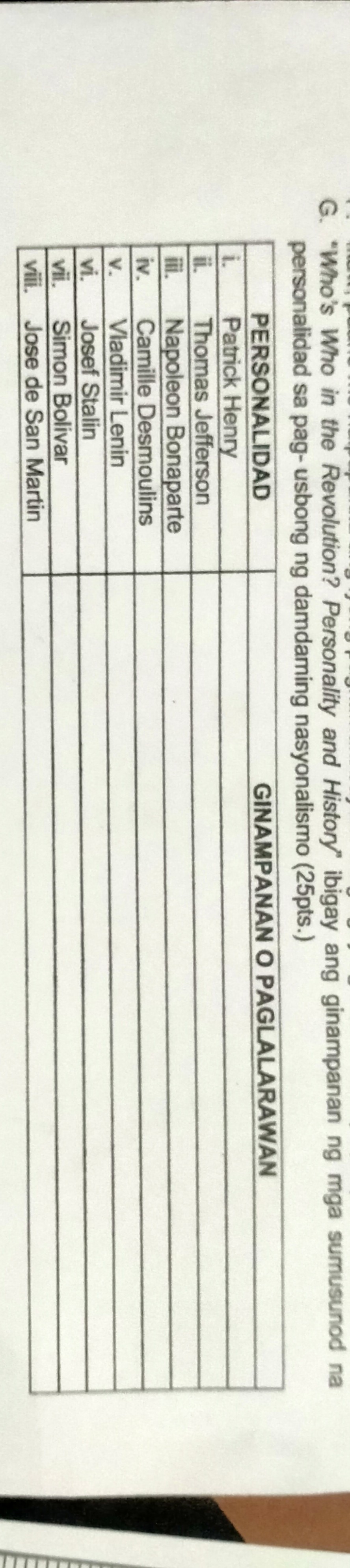 [GET ANSWER] G. "Who's Who in the Revolution? Personality and History" ibigay ang ginampanan ng ...