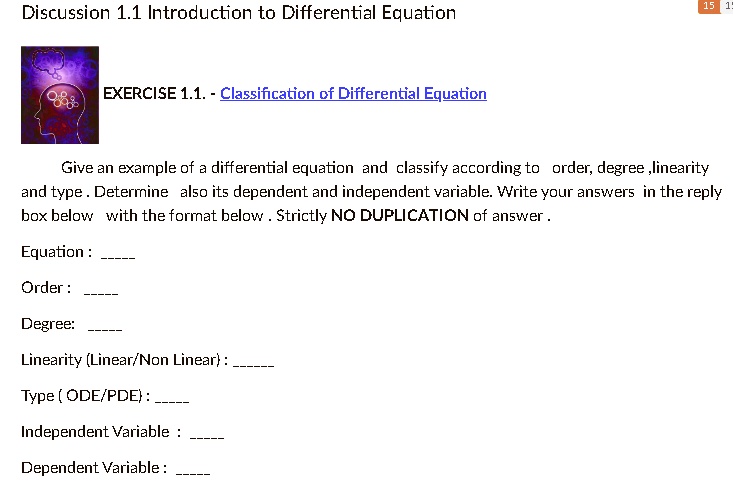 SOLVED: Discussion 1.1 Introduction to Differential Equations Exercise 1.1: Classification of ...