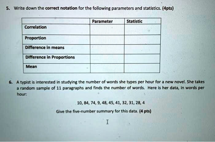 SOLVED: Write down the correct notation for the following parameters ...
