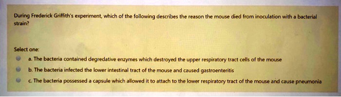 SOLVED: During Frederick Griffith's experiment, which of the following ...