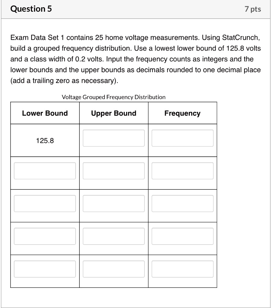 Question 5 7 pts Exam Data Set 1 contains 25 home voltage measurements. Using StatCrunch, build ...