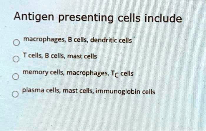 SOLVED: Antigen presenting cells include macrophages, B cells, dendritic cells, T cells; B cells ...