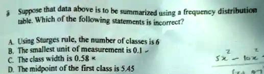 SOLVED: Suppose that data above is to be summarized using frequency ...