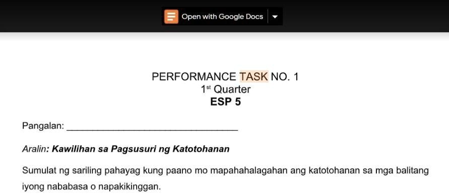 SOLVED: Plz Help Meh please: Open with Google Docs PERFORMANCE TASK NO 1#t Quarter ESP 5 ...