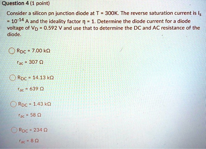 SOLVED: Consider a silicon pn junction diode at T=300K. The reverse saturation current is I = 10 ...