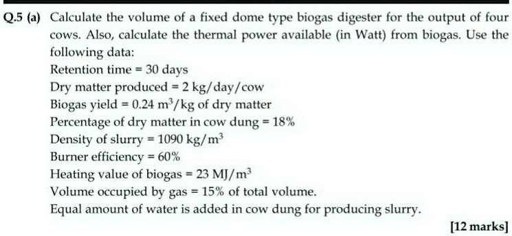 SOLVED: Calculate the volume of a fixed dome type biogas digester for ...