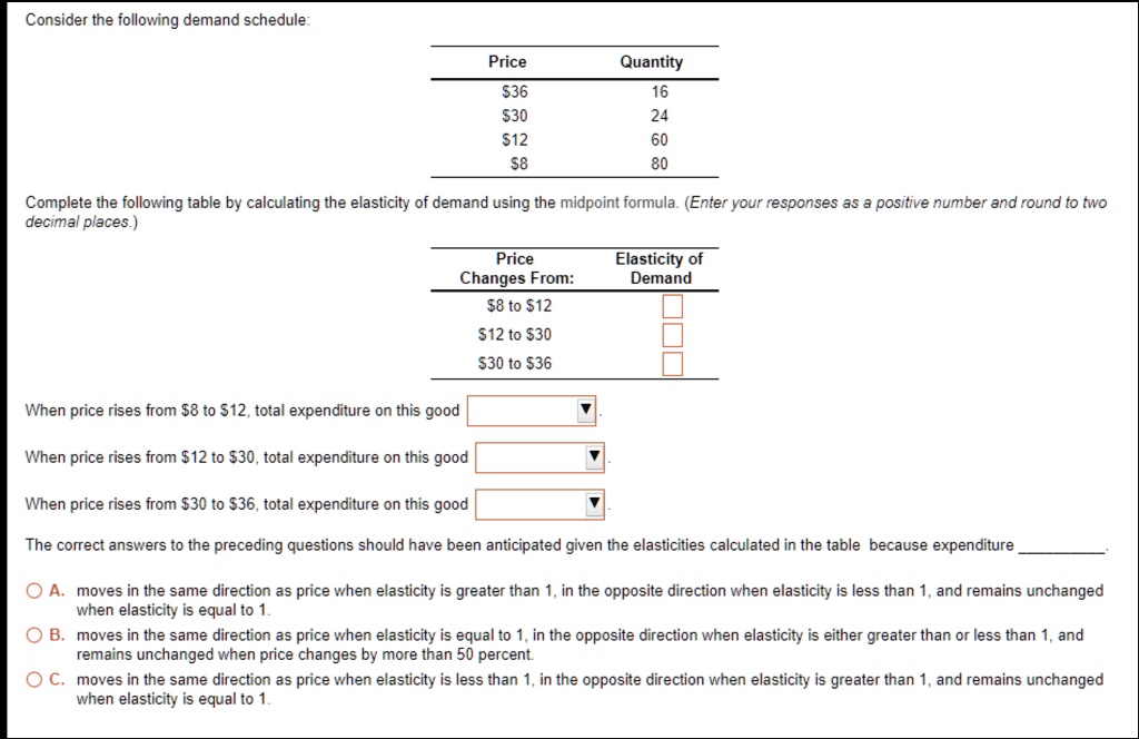 SOLVED: Consider the following demand schedule: Price 3630 128 Quantity ...