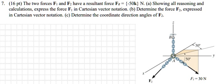7. (16 pt) The two forces F1 and F2 have a resultant force FR = {-50k ...