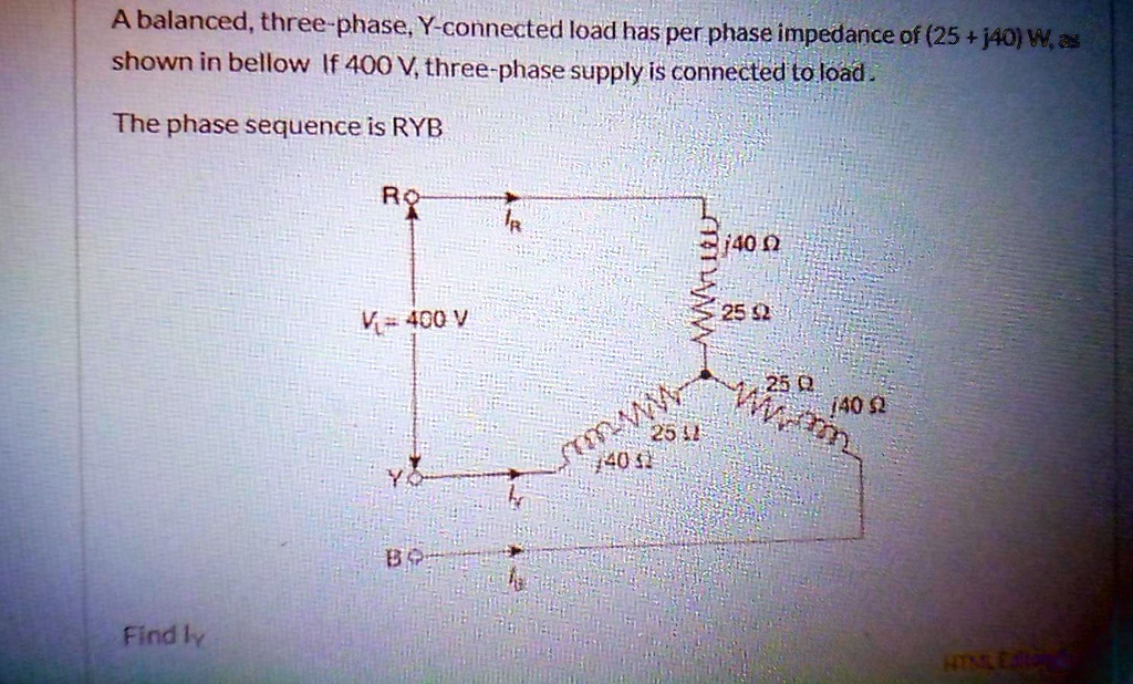 A balanced, three-phase, Y-connected load has per phase impedance of (25 + j40) ?, as shown in ...