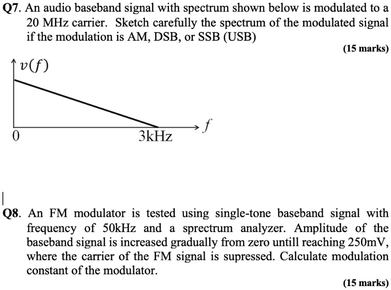 Q7. An audio baseband signal with spectrum shown below is modulated to a 20 MHz carrier. Sketch ...