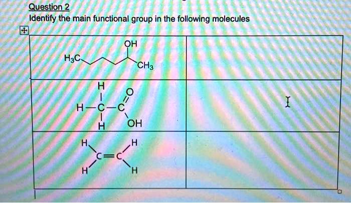 SOLVED:Question 2 Identify the main functional group in the following molecules OH H3C H 10 H ...