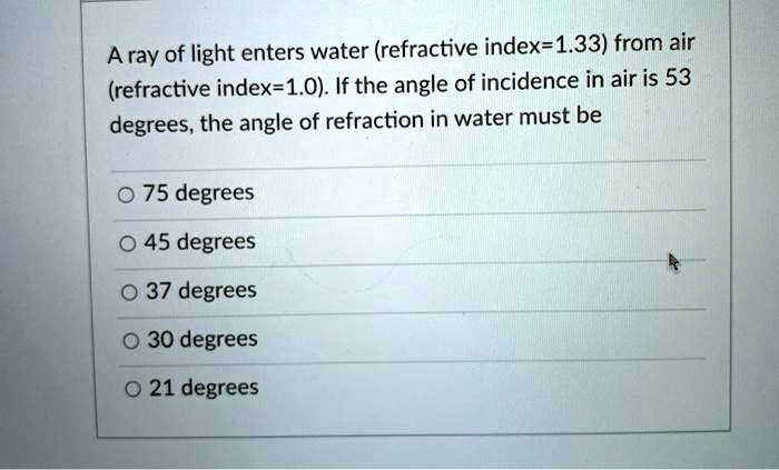 SOLVED: A ray of light enters water (refractive index-1.33) from air (refractive index-1.0). If ...