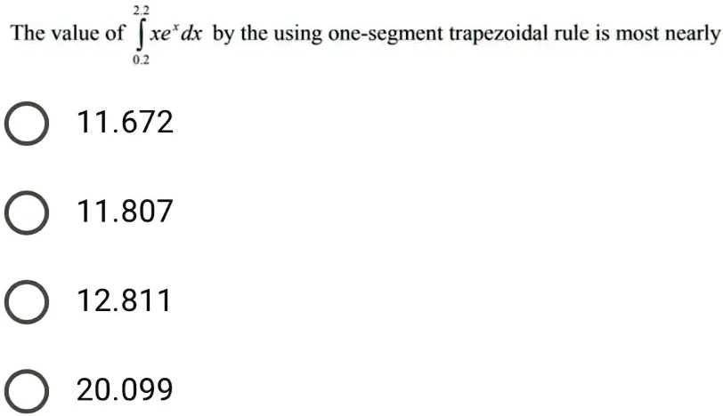 2.2 The value of ∫0.2^2.2 xe^x dx by the using one-segment trapezoidal ...