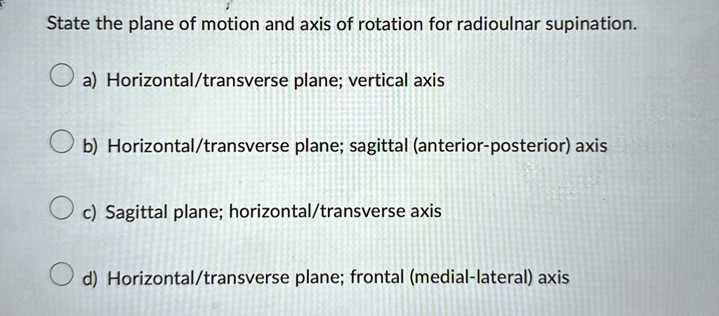 State the plane of motion and axis of rotation for radioulnar ...