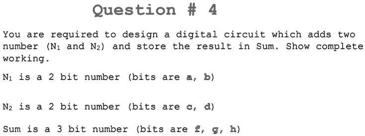 SOLVED: Question #4 You are required to design a digital circuit which adds two numbers (N1 and ...