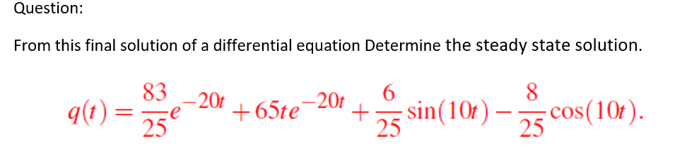 Question: From this final solution of a differential equation Determine the steady state ...