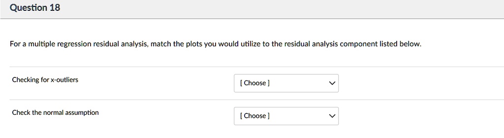 SOLVED: For multiple regression residual analysis, match the plots you would utilize to the ...